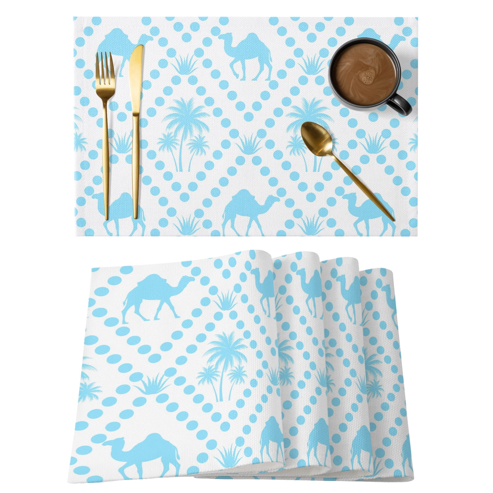 Blue Camels Cotton Linen Placemats Set of 8, Abstract Date Coconut Tree ...