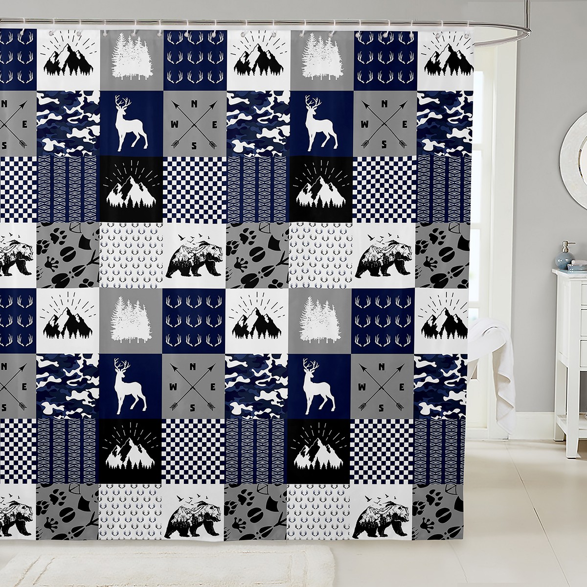 Blue Camouflage Bath Curtain Woodland Bear Elk Deer Shower Curtain Sets ...
