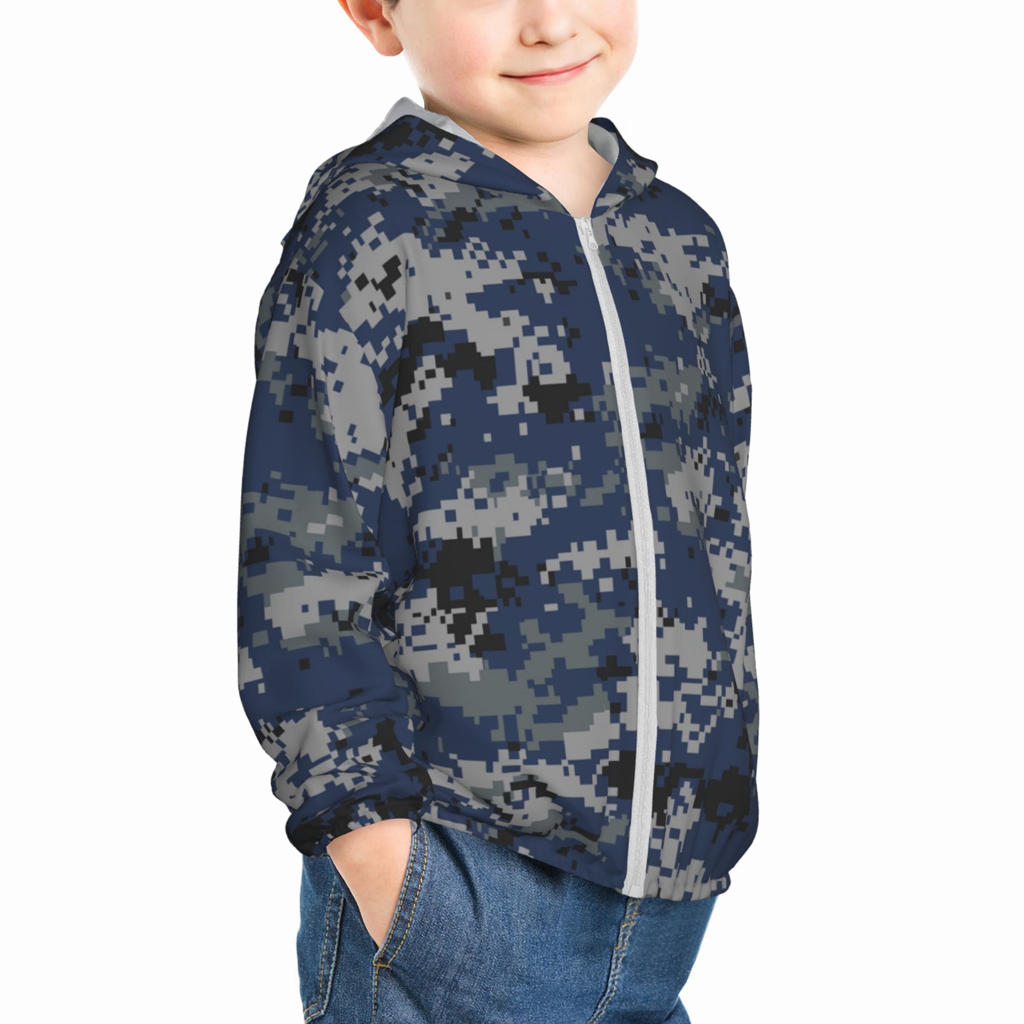 Blue Camouflage Camo Kids Zip-Up Hoodie Girls Boys Sun Protection Jacket Hooded Cooling Shirt ...