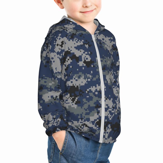 Blue Camouflage Camo Kids Zip-Up Hoodie Girls Boys Sun Protection Jacket Hooded Cooling Shirt ...
