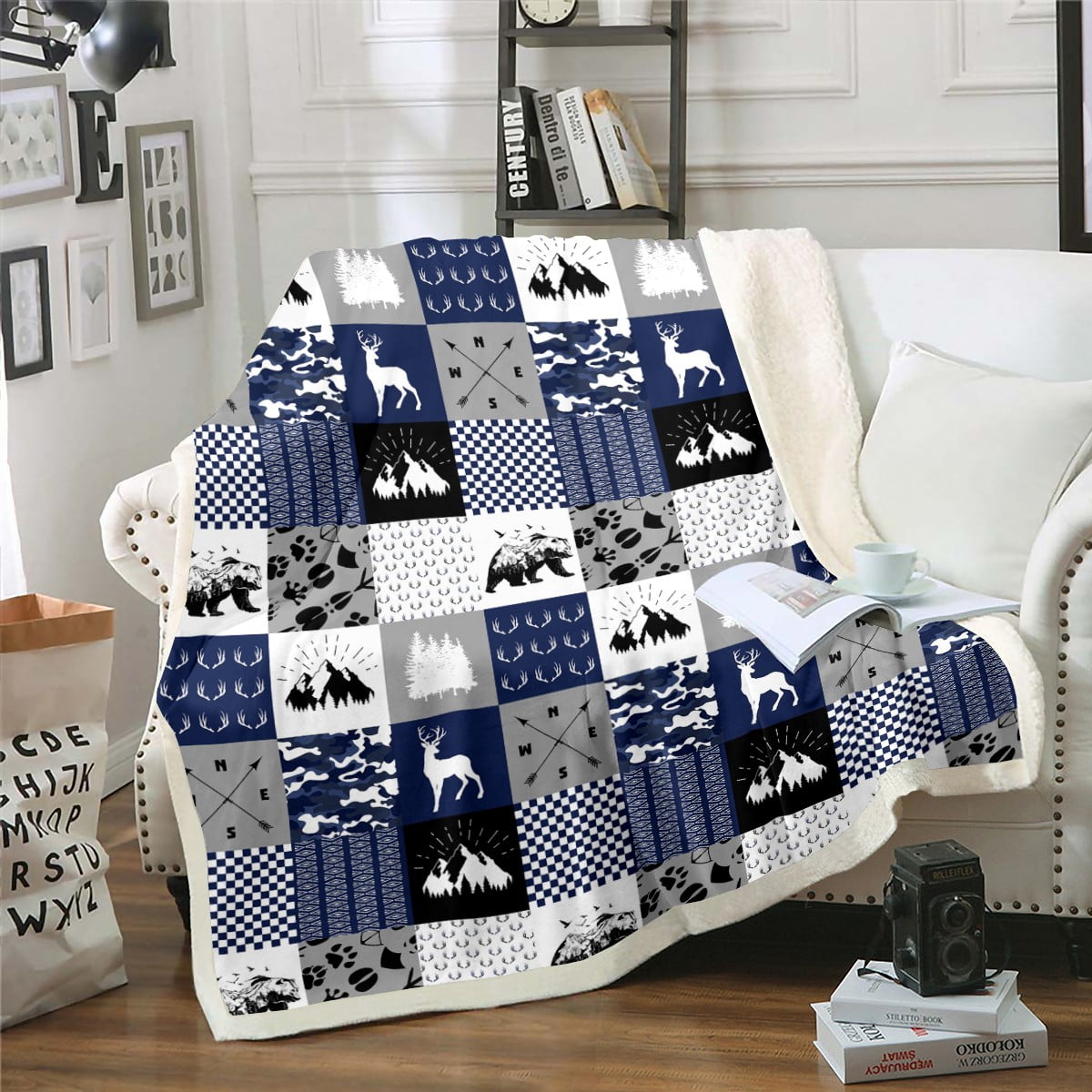 Blue Camouflage Throw Blanket Woodland Wildlife Bear Elk Deer Blanket ...