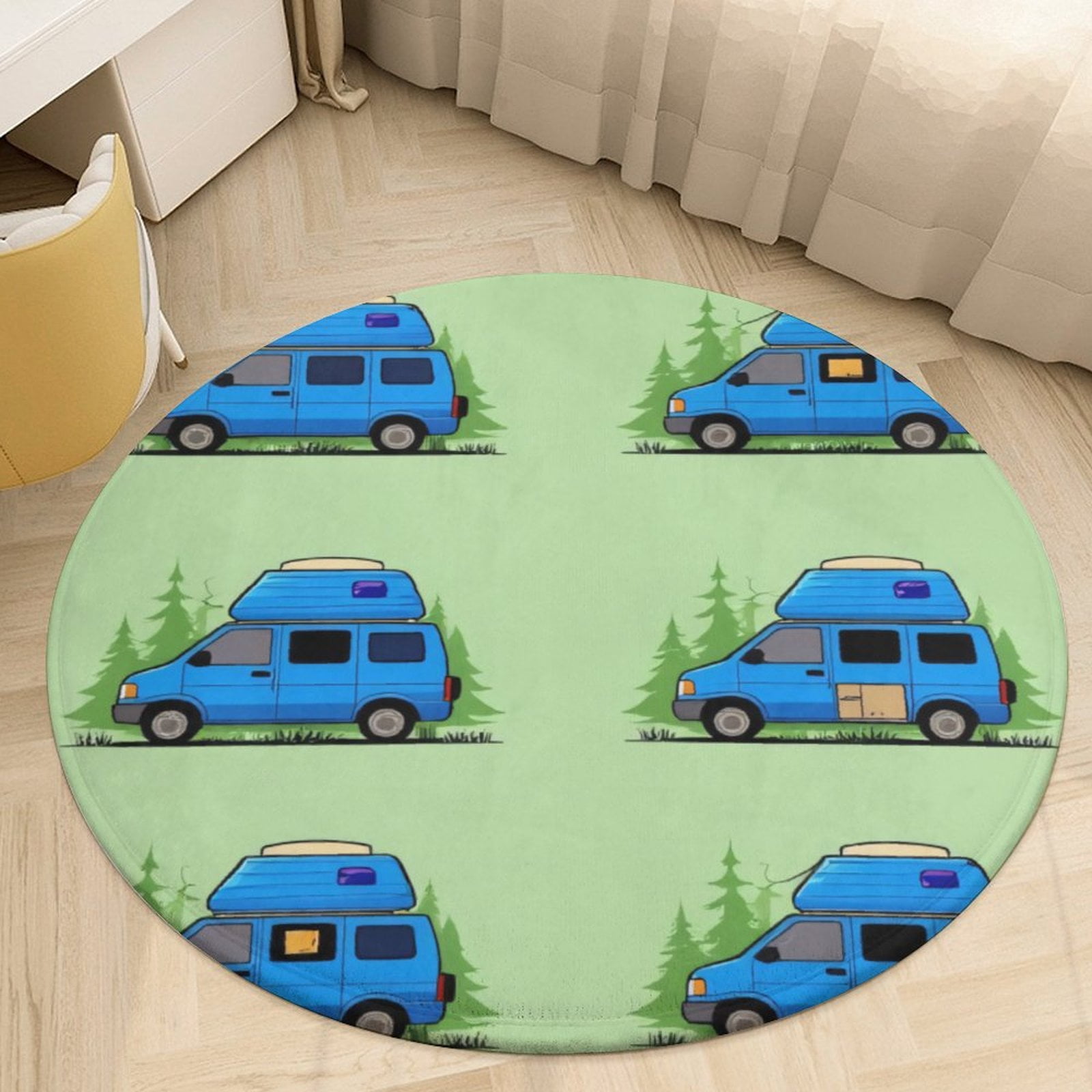 Blue Camper Van Forest Pattern Round Area Rugs for Bedroom Living Room ...