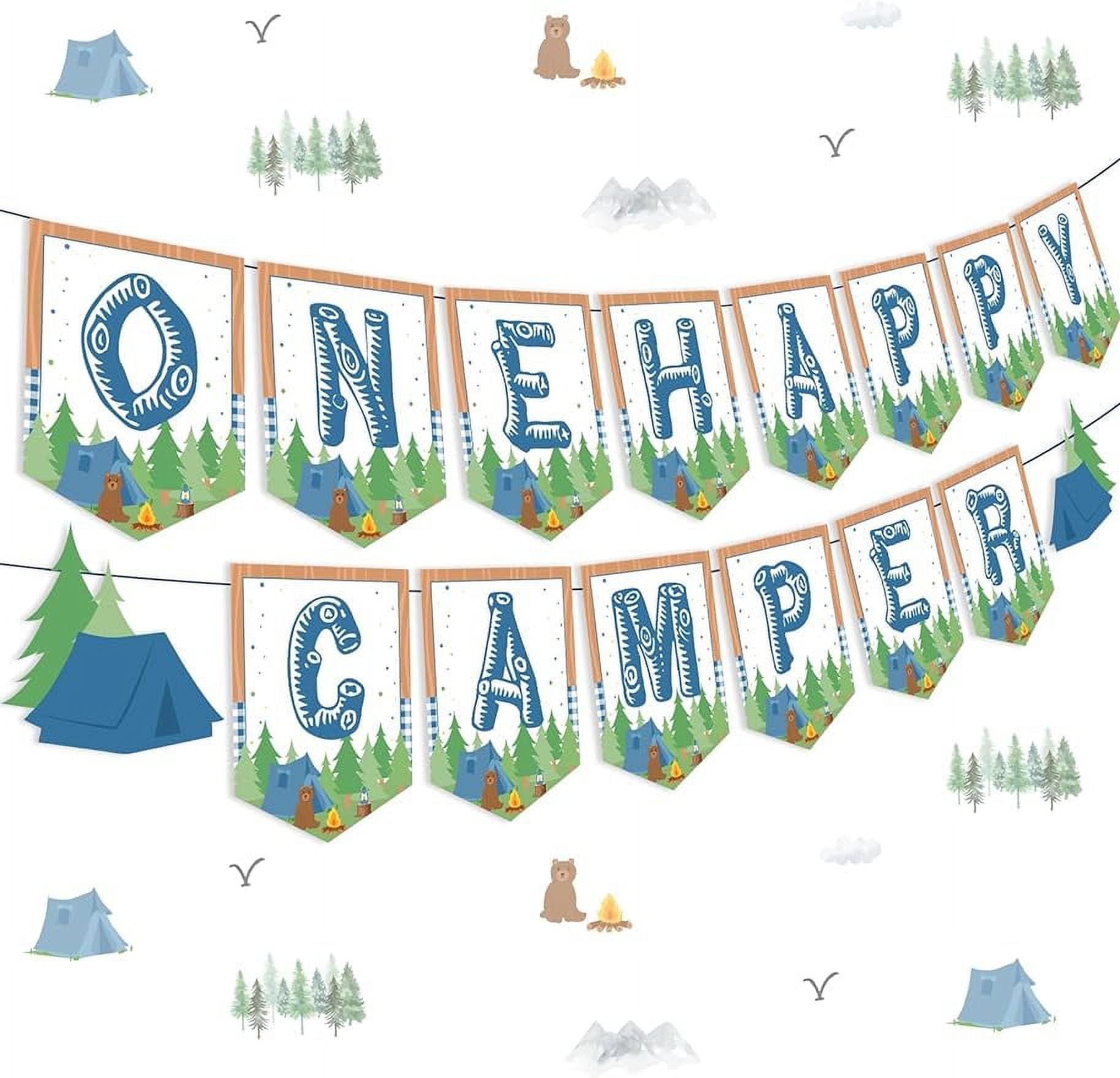 Blue Camping 1st Birthday Decorations, One Happy Camper Banner for Boys ...