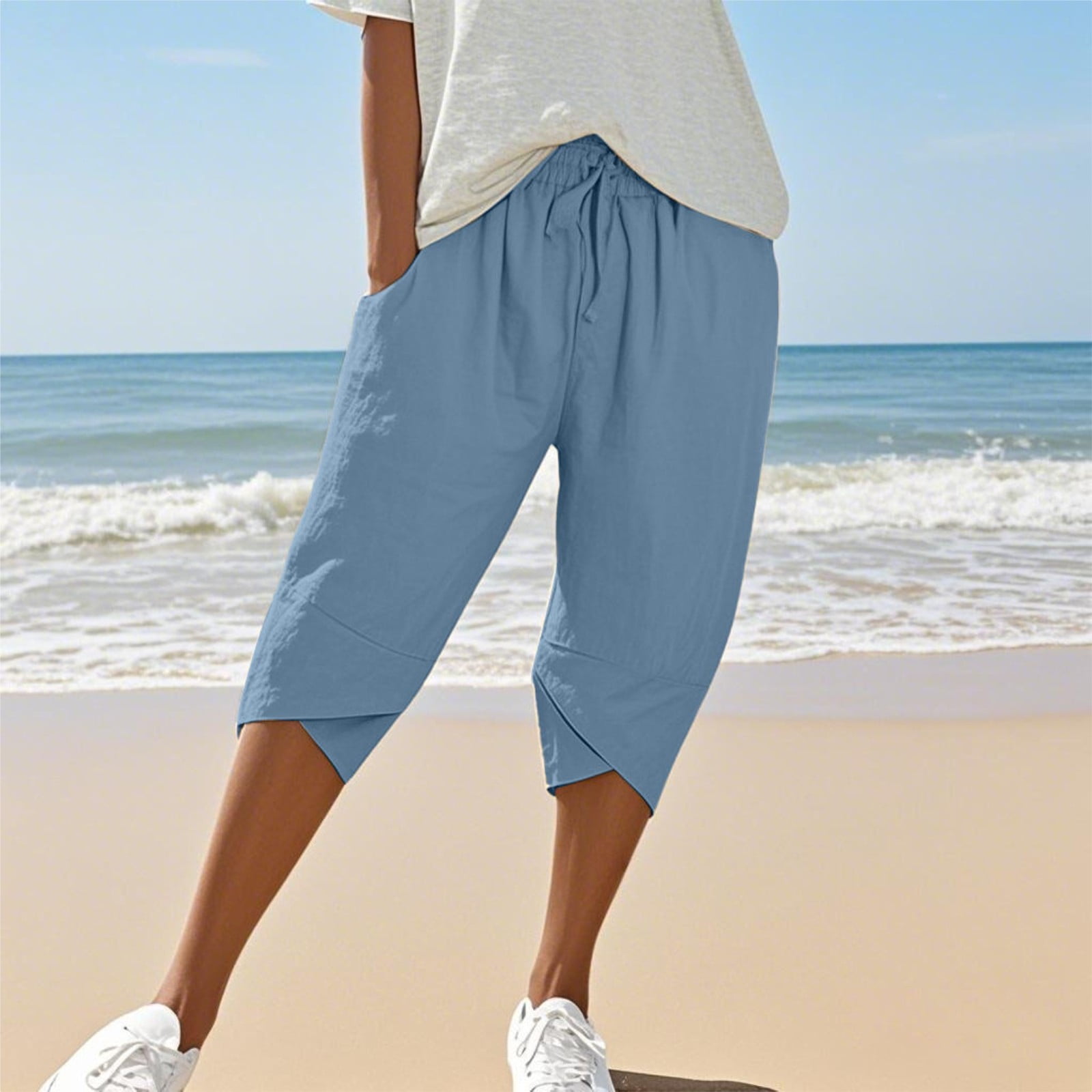 Blue Capri Pants for Women's Knee Length Short Pants Ladies Loose ...