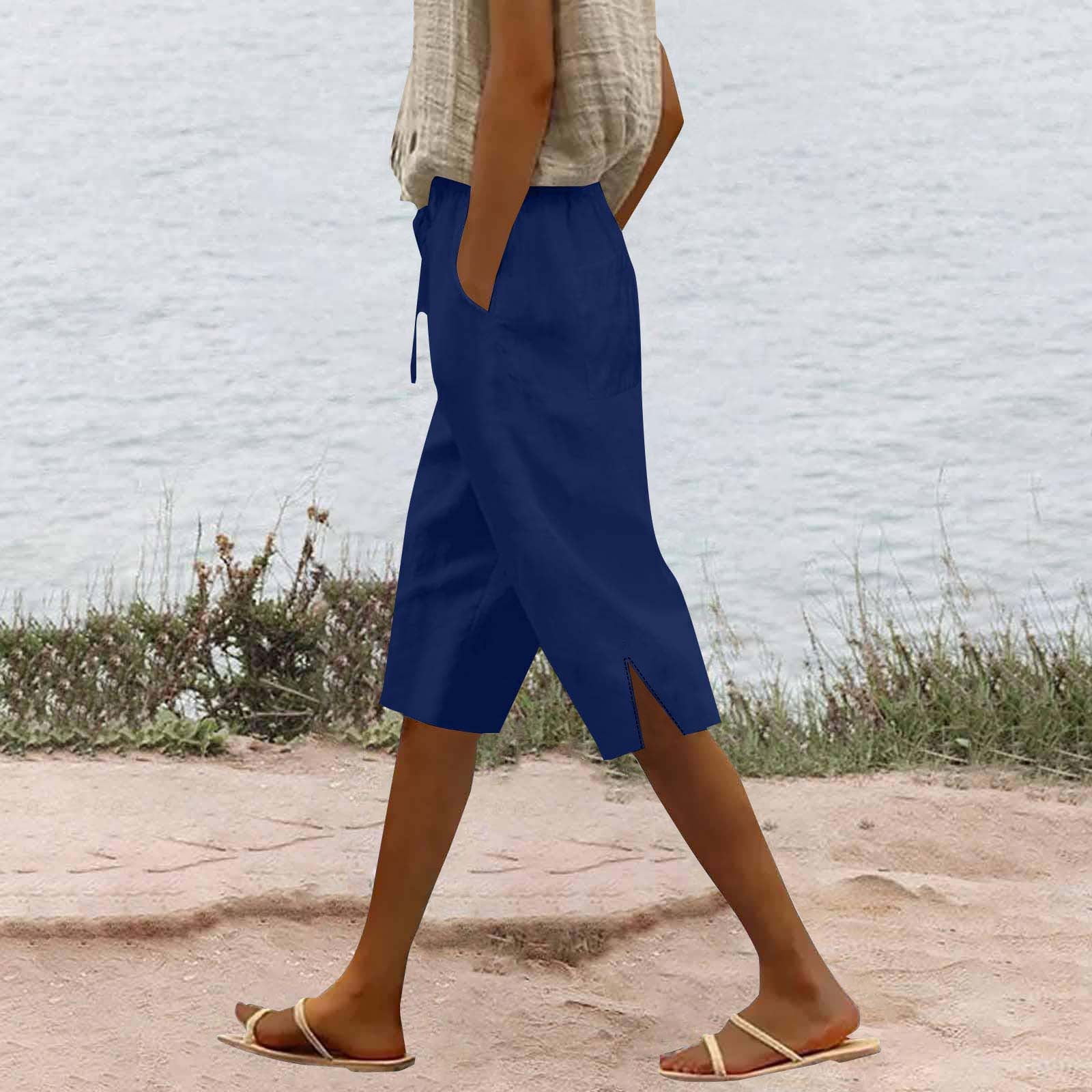 Blue Capri Pants for Women's Summer Long Solid Color Cotton and Linen ...