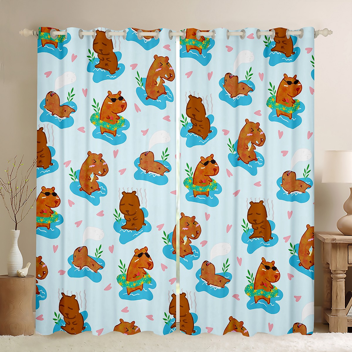 Blue Capybara 42"Wx90"L Window Curtains For Kids Cute Capybara Lover ...
