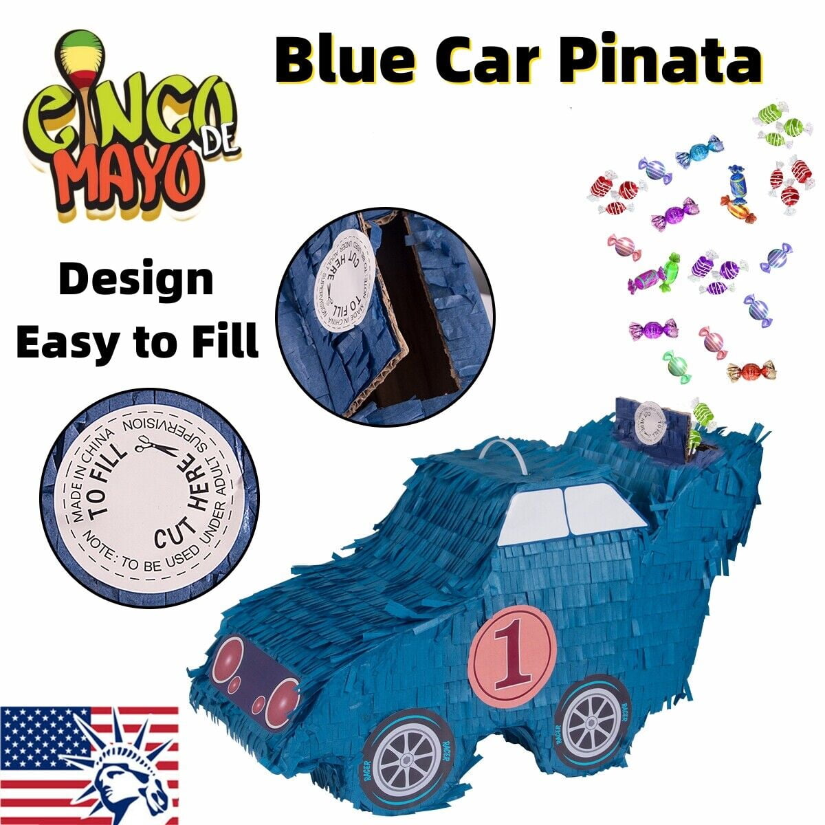 Blue Car Pinata Mexican Pinatas with Hanging Loop for Kids Birthday ...