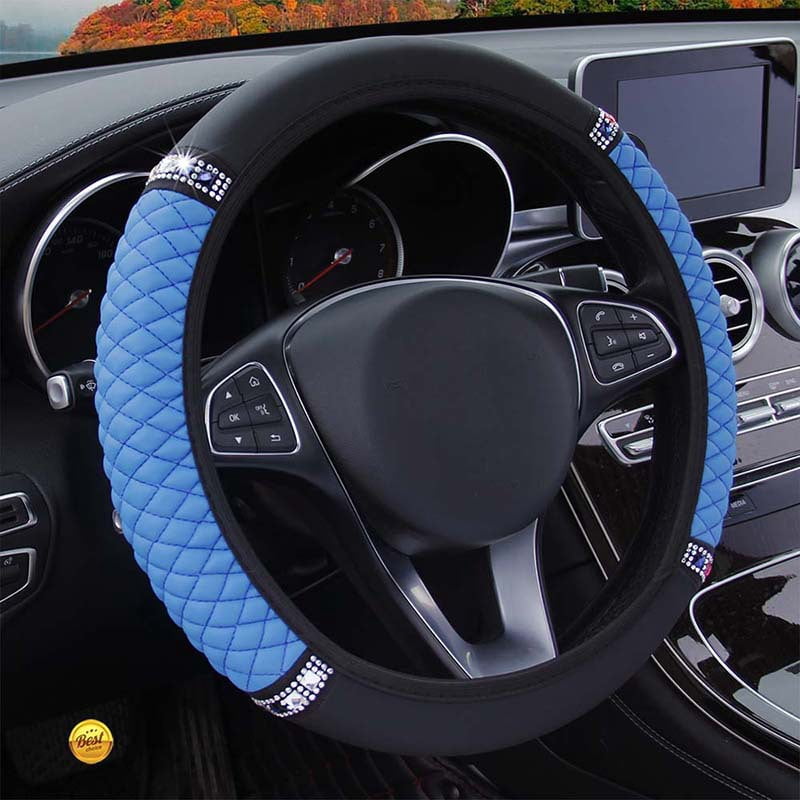 (Blue)Car Steering Wheel Cover Without Inner Ring Leather Embroidery ...