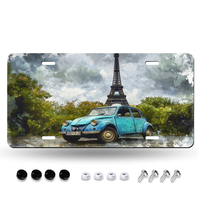 Blue Car in Front of the Eiffel Tower License Plate Frame, Decorative ...