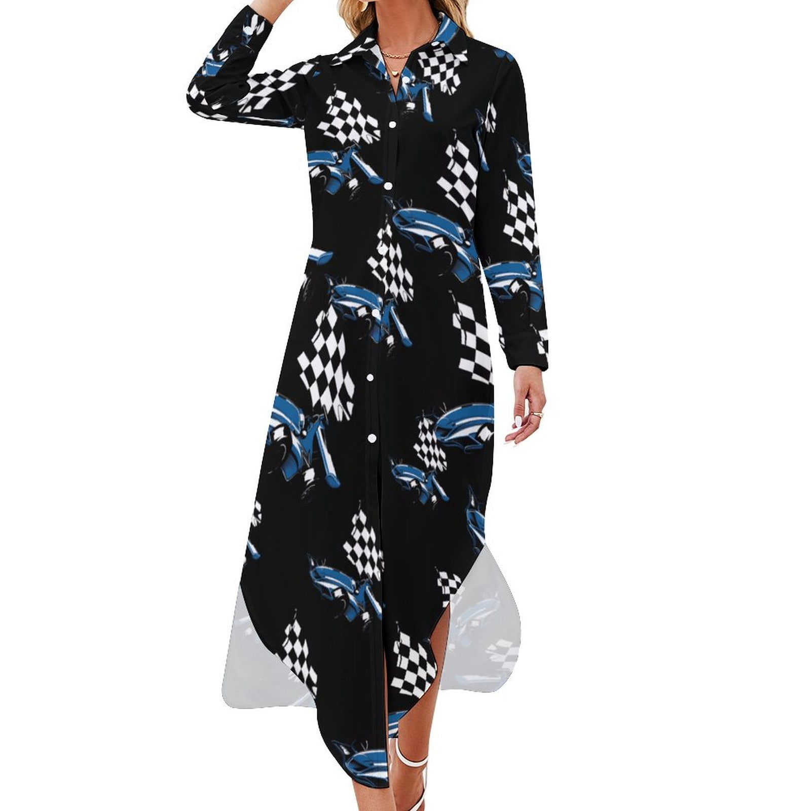 Blue Car with Racing Flag Women's Maxi T Shirt Dress Long Sleeve Lapel ...