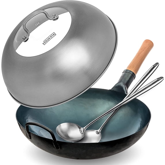 Blue Carbon Steel Round Bottom Wok Pan 14" + Stainless Steel Wok Lid ...