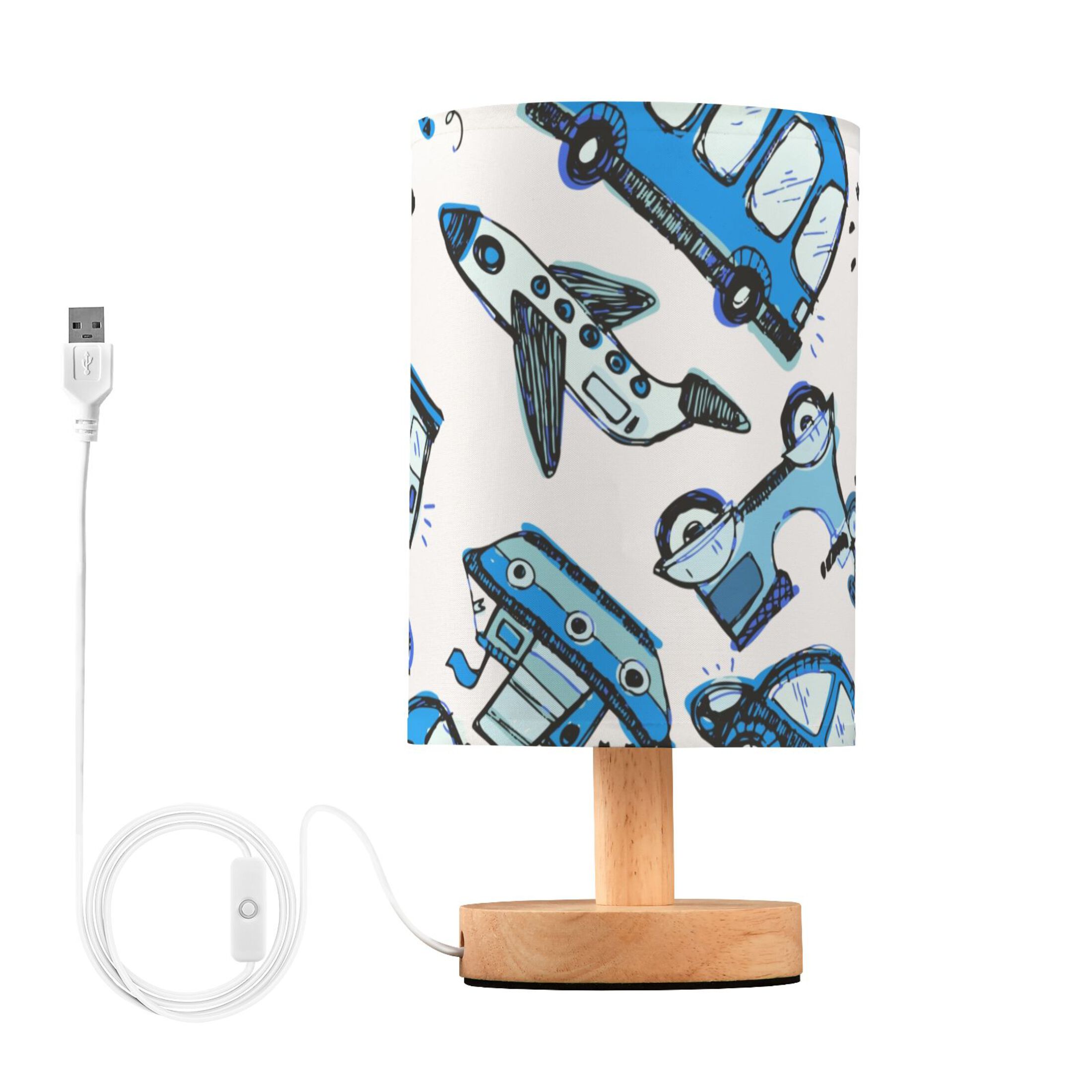 Blue Cars and Bus Bedside Table Lamp LED Warm Lights with USB Charging ...