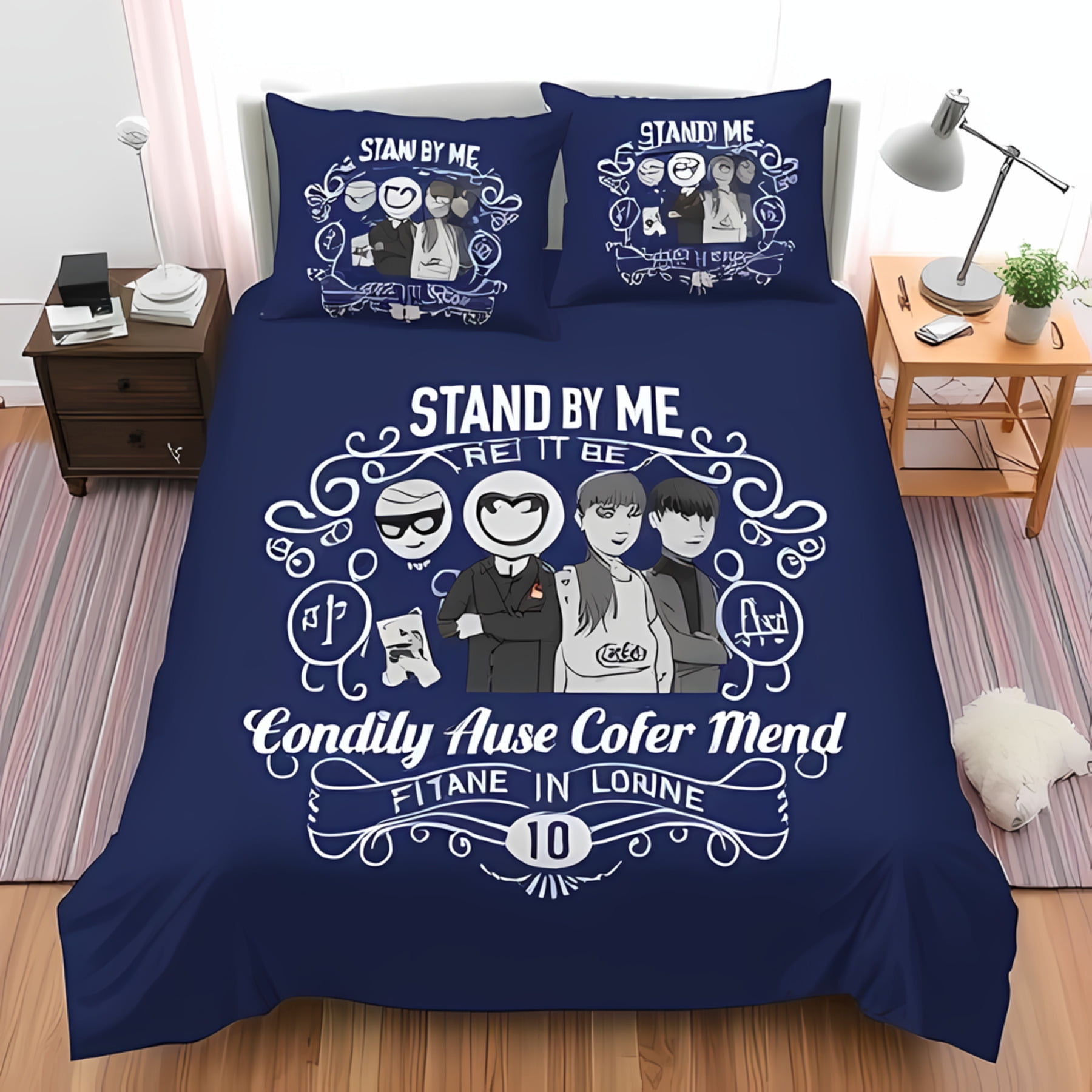 Blue Cartoon Band Duvet Cover Set with "STAND BY ME" Design & Matching ...