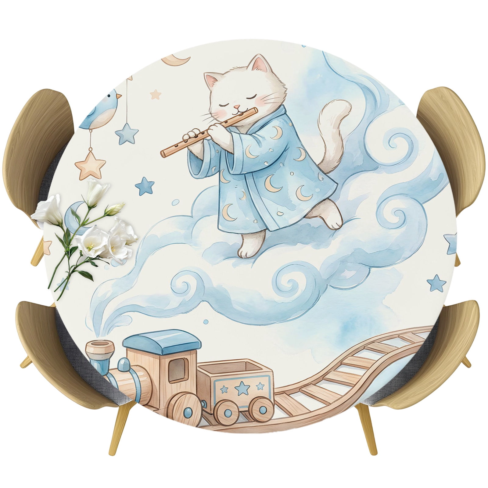 Blue Cartoon Cat Round Tablecloth 36-44 Inch Round Fitted Table Cloth ...
