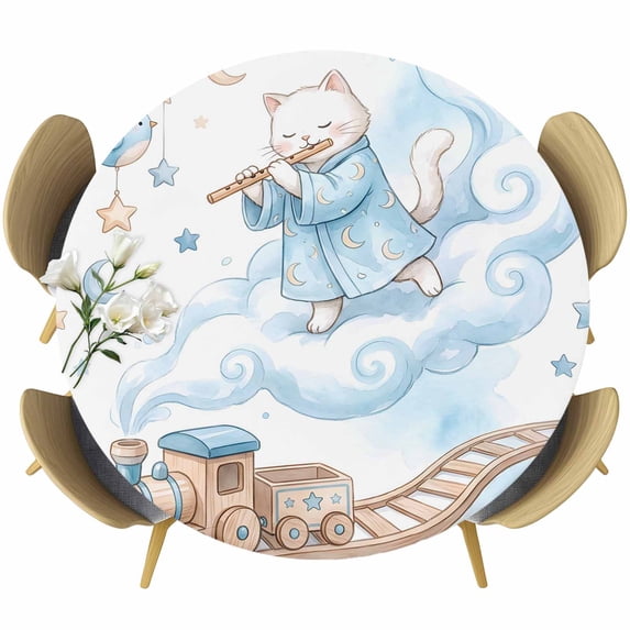 Blue Cartoon Cat Round Tablecloth 45-54 Inch Round Fitted Table Cloth ...