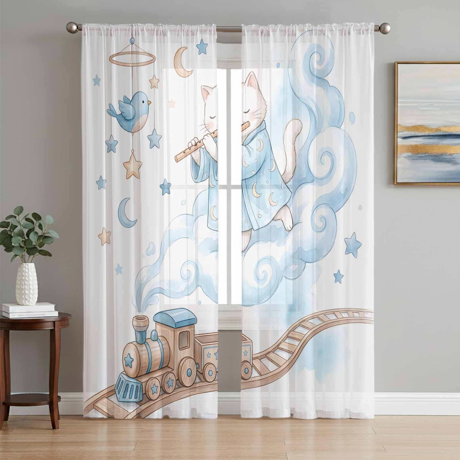 Blue Cartoon Cat Sheer Curtains for Living Room Bedroom Funny Cute ...