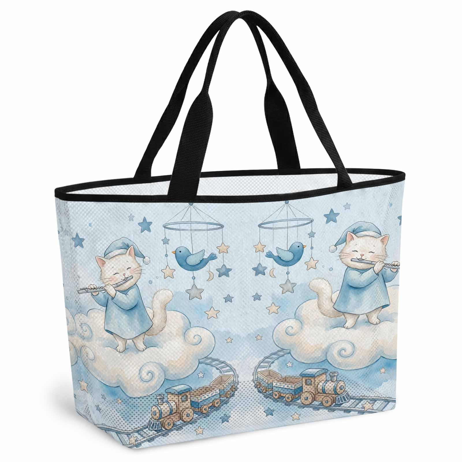 Blue Cartoon Cats Beach Bag for Women, Large Breathable Mesh Beach Tote ...