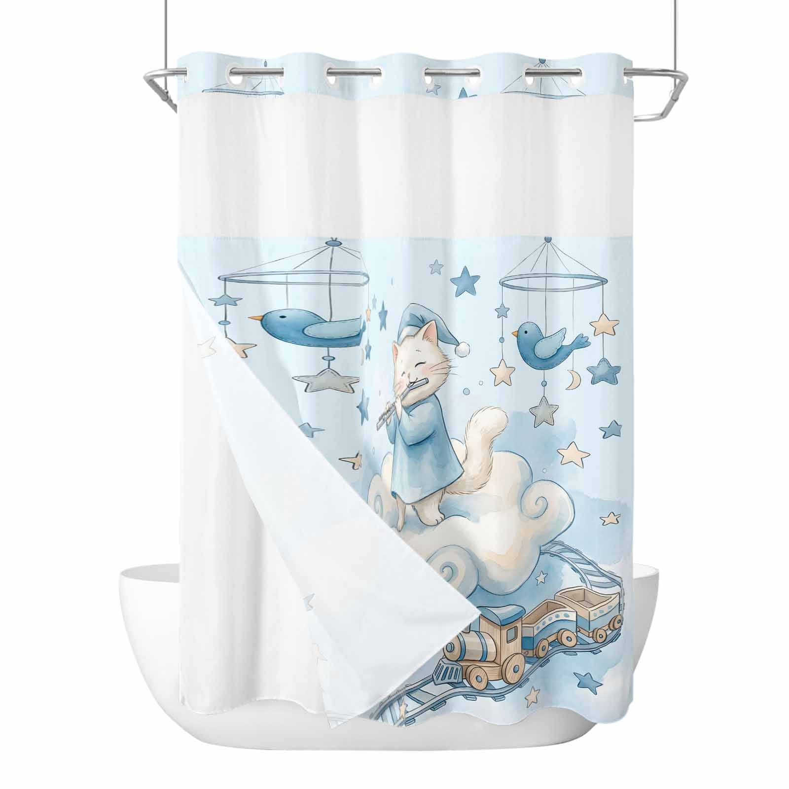 Blue Cartoon Cats No Hook Shower Curtain with Snap in Liner, Waterproof ...