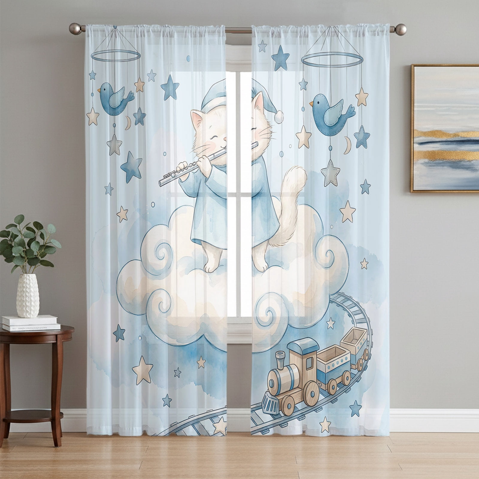 Blue Cartoon Cats Sheer Curtains for Living Room Bedroom Cute Cats ...