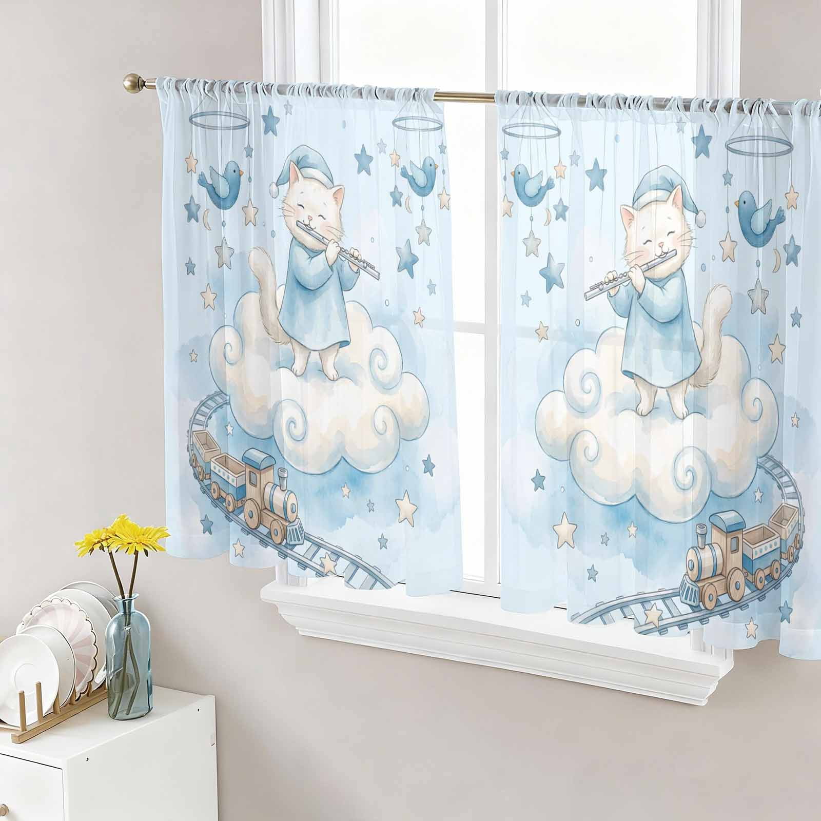 Blue Cartoon Cats Sheer Curtains for Living Room Bedroom Cute Cats ...
