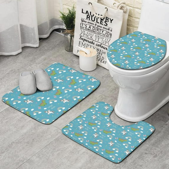 Blue Cartoon Dinosaur and Unicorn Rainbow Cloud Bathroom Rugs Sets 3 ...