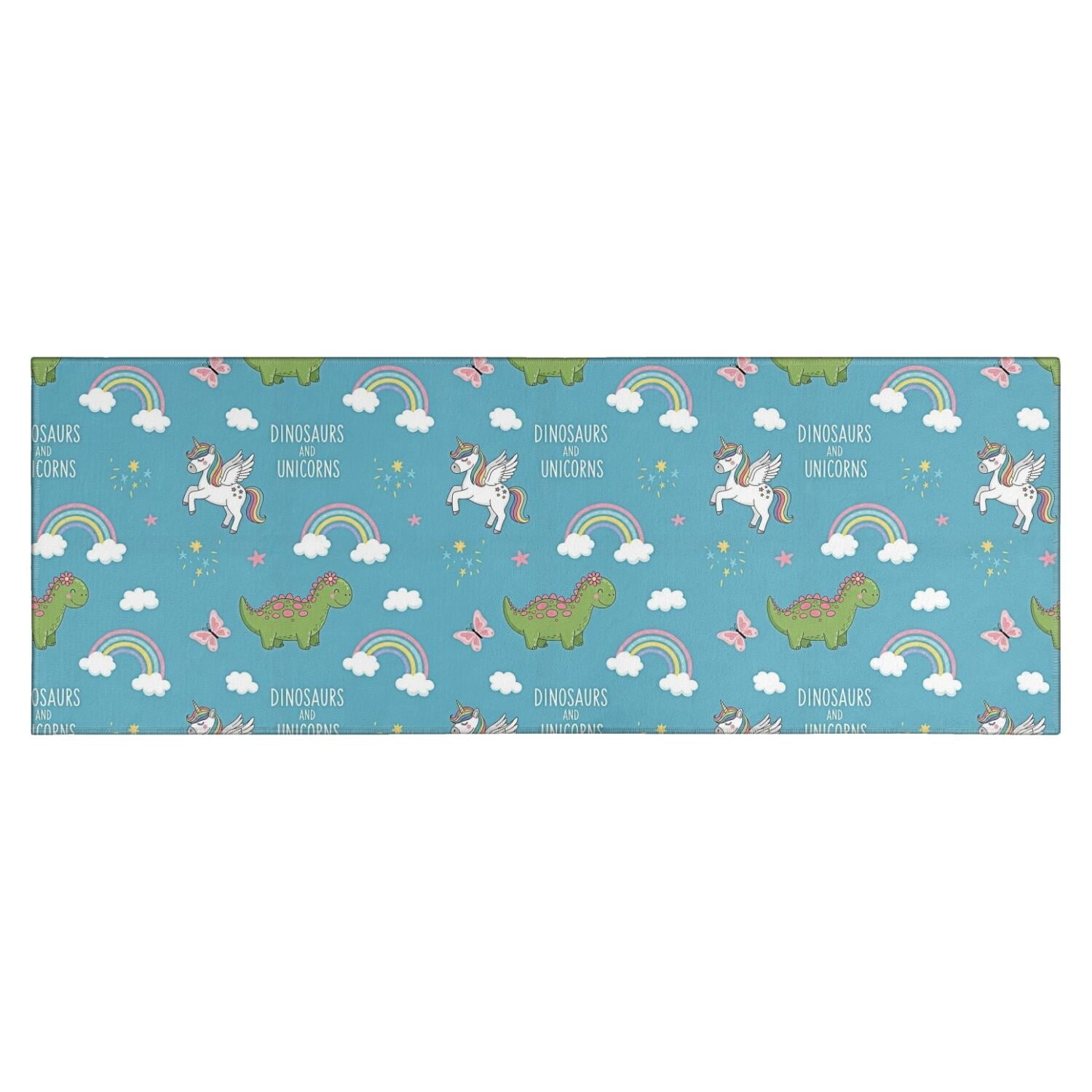 Blue Cartoon Dinosaur and Unicorn Rainbow Cloud Kitchen Rug Mat,Kitchen ...