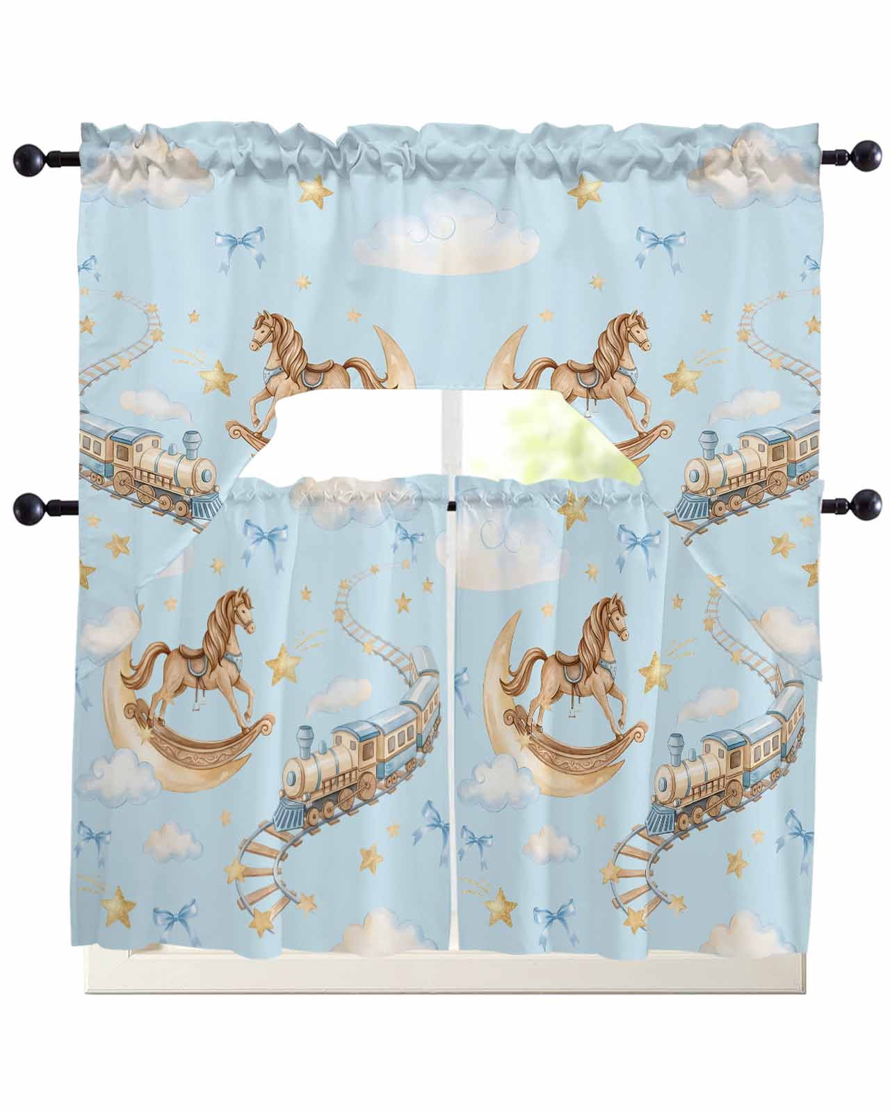 Blue Cartoon Kitchen Curtains Sets 36 Inch Length with Valance, Star ...