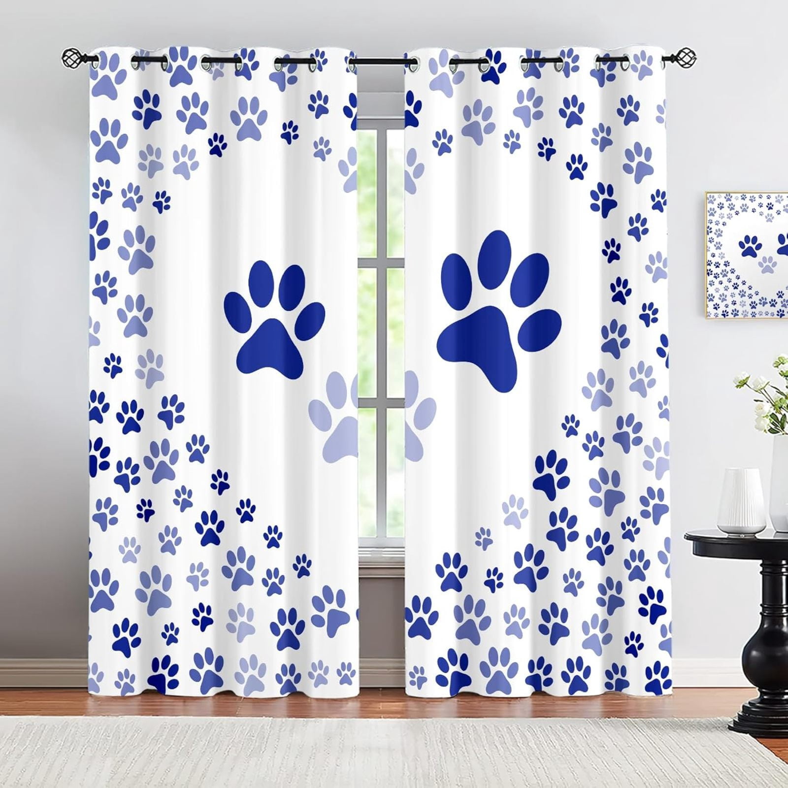 Blue Cartoon Print Blackout Curtains, Modern Abstract Animal Paw Print ...