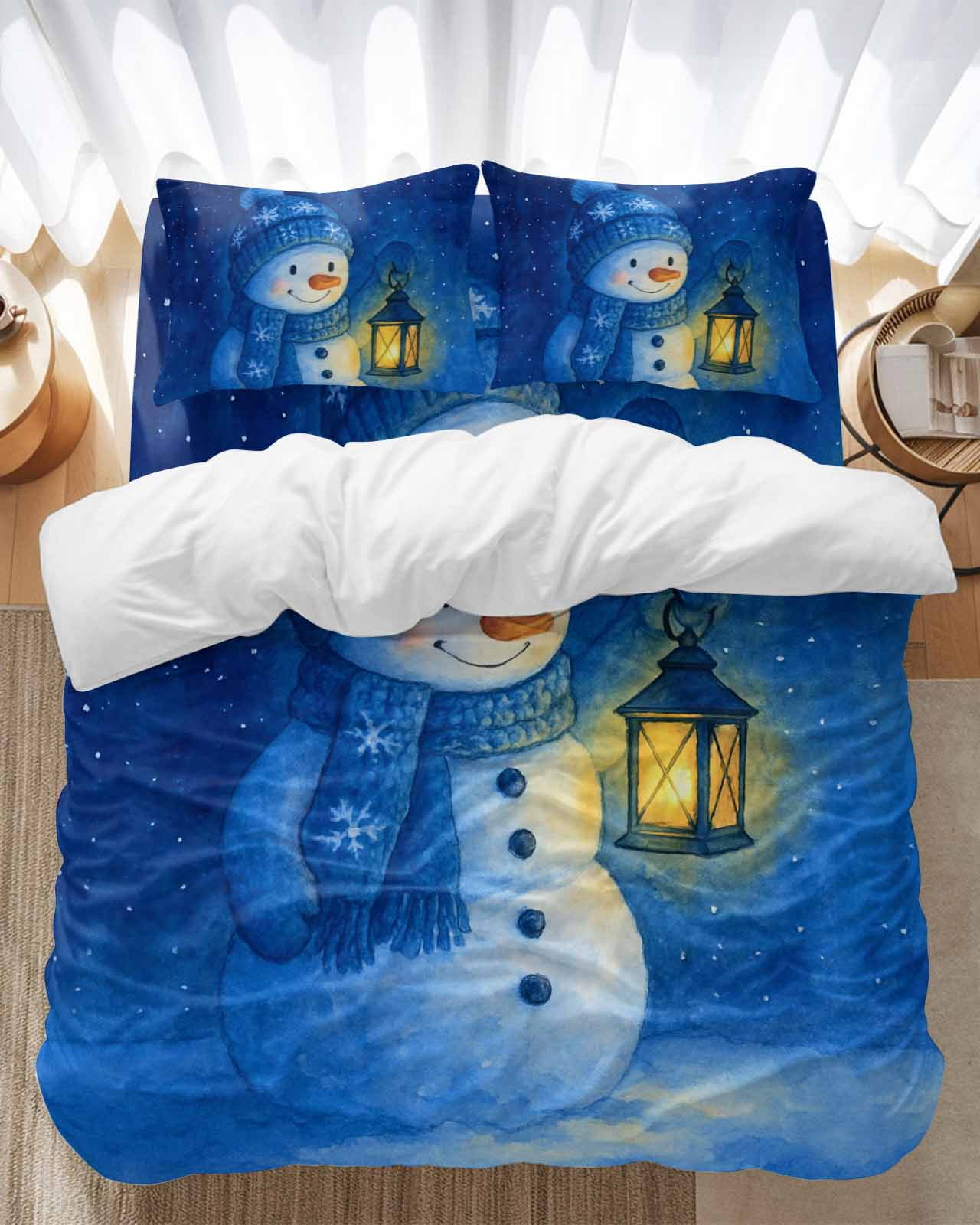 Blue Cartoon Snowman Bedding Duvet Cover Set Full Size 4 Pieces Snowman ...