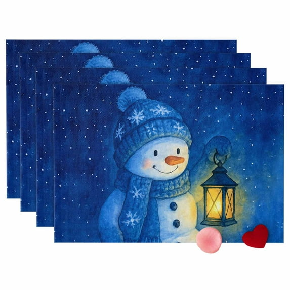 Blue Cartoon Snowman Placemats Set of 4, Snowman Hold Lights Snowfall ...