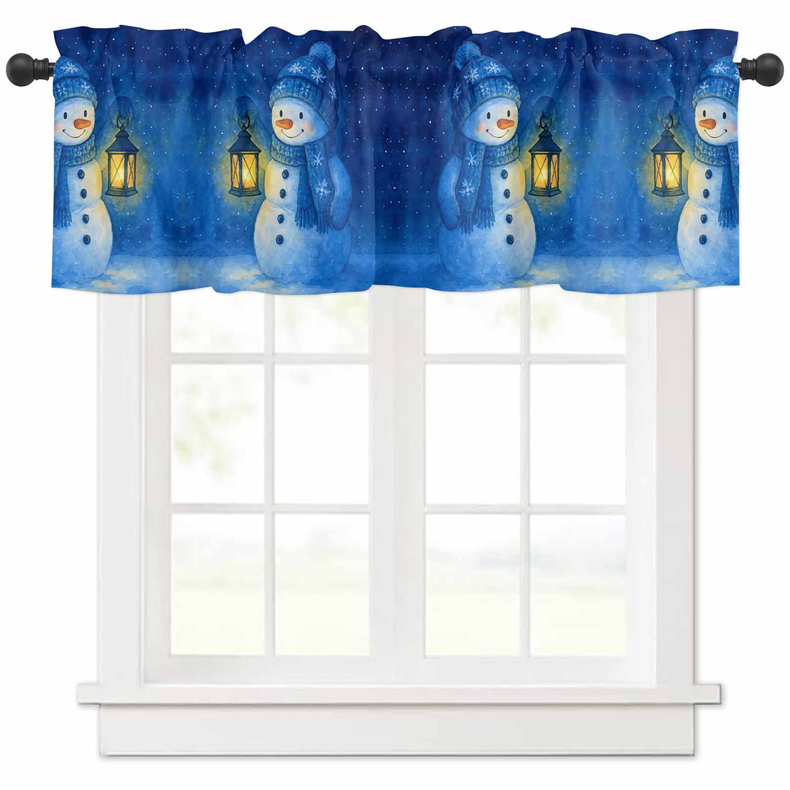 Blue Cartoon Snowman Valances for Windows, Snowman Hold Lights Snowfall ...