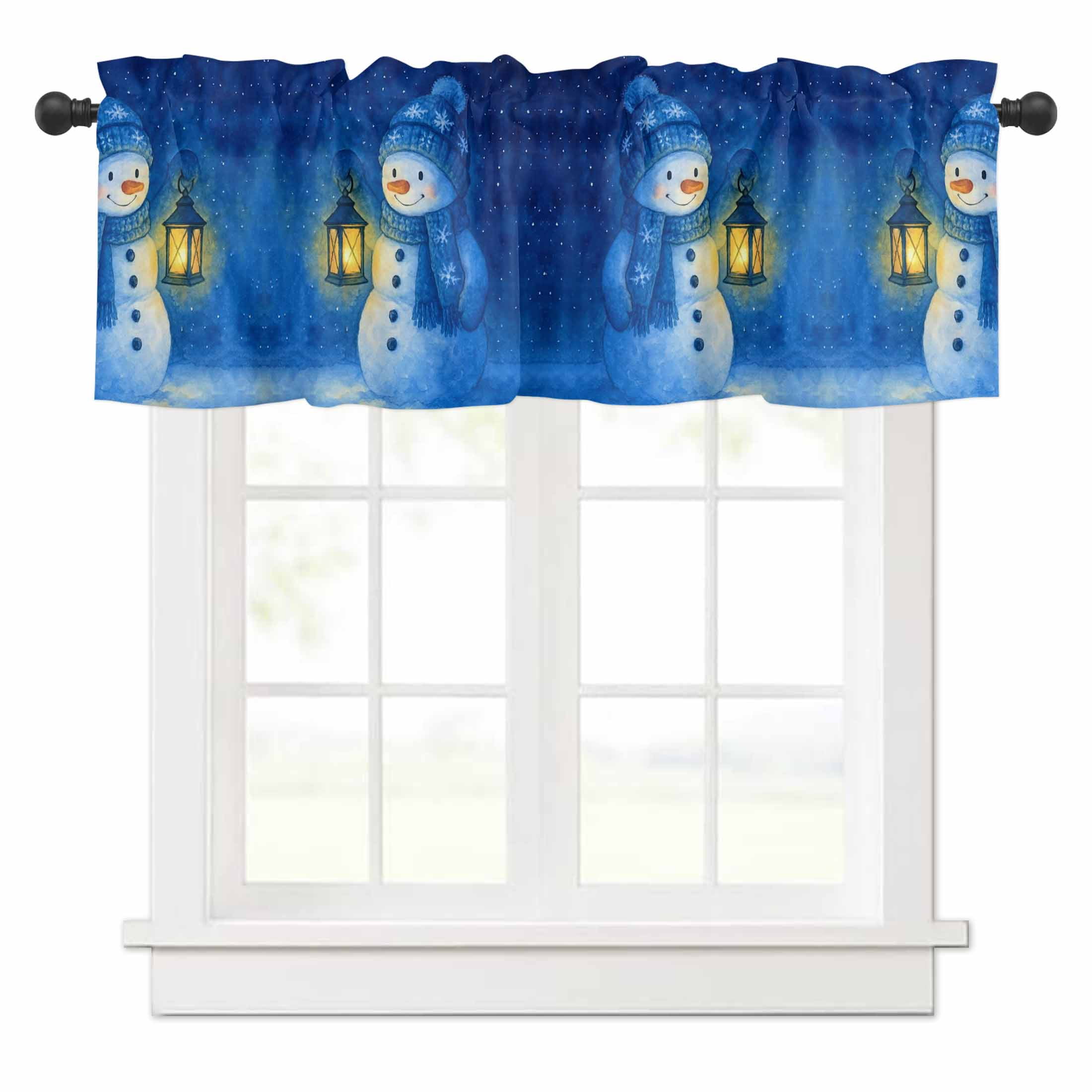 Blue Cartoon Snowman Valances for Windows Snowman Hold Lights Snowfall ...