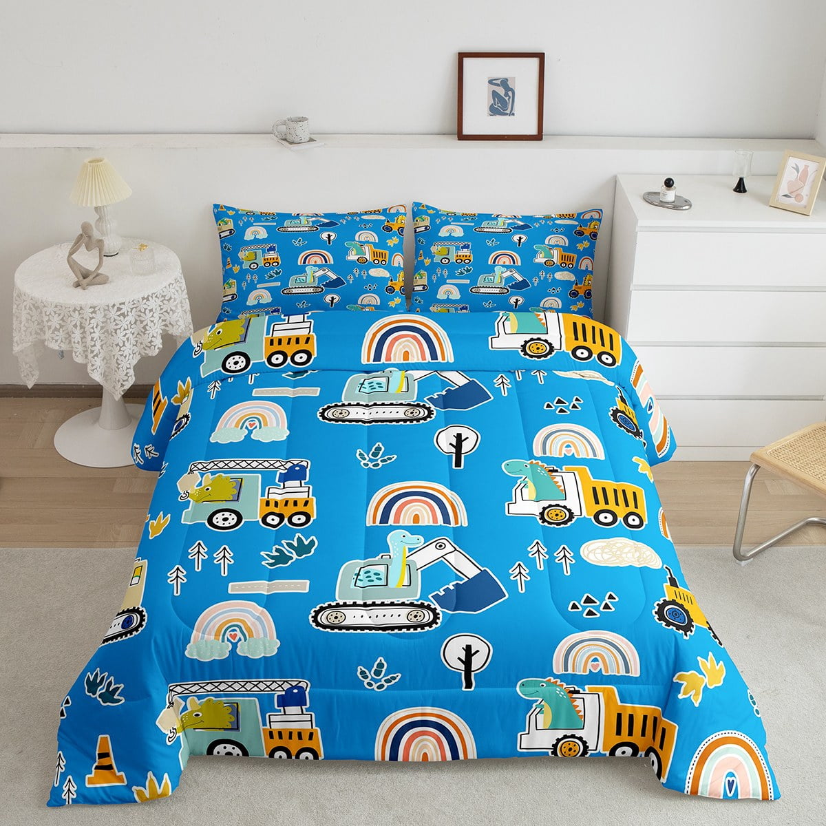 Blue Cartoon Truck Comforter Set Full Rainbow Bedding Set, Cute ...