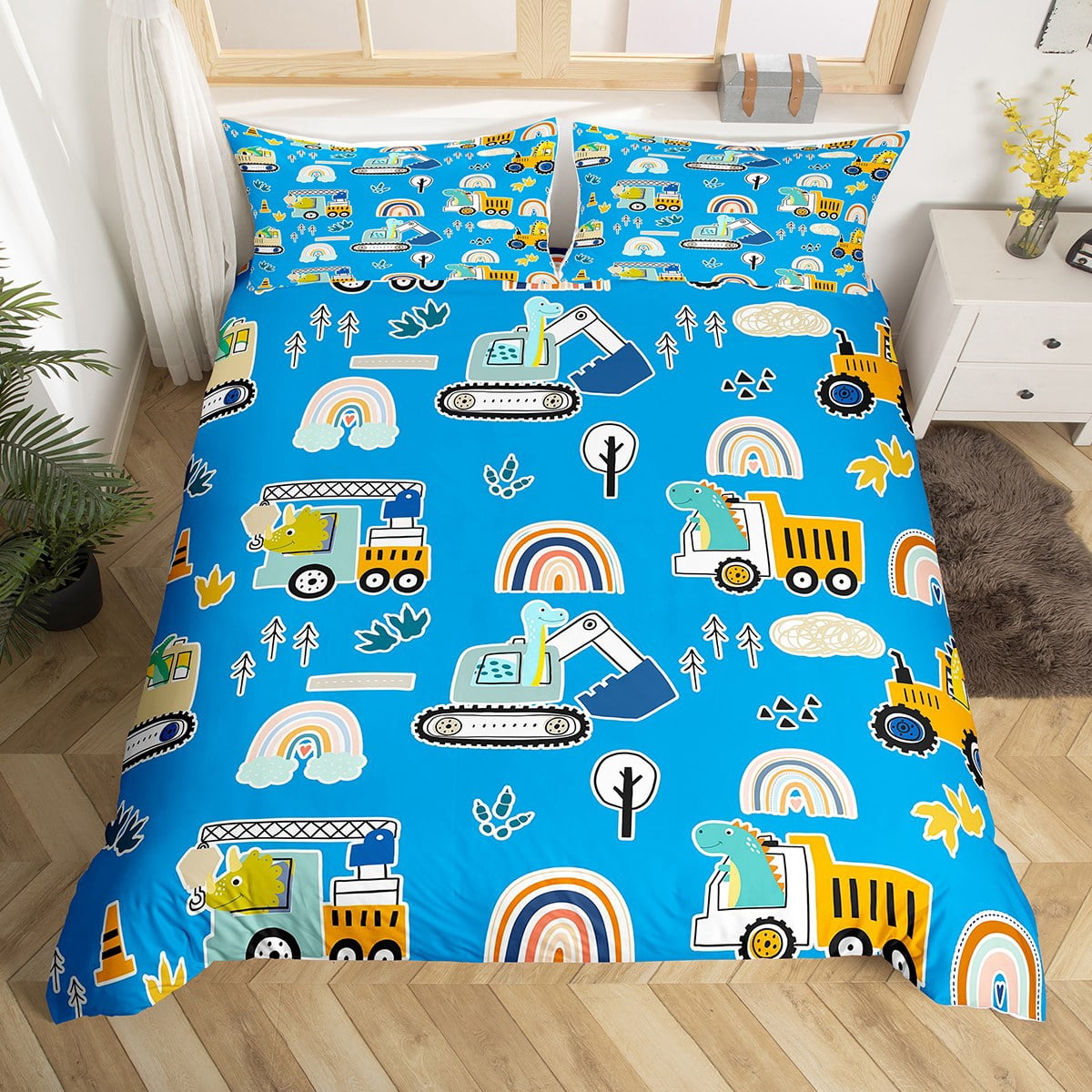 Blue Cartoon Truck Duvet Cover Queen Rainbow Bedding Set, Cute Dinosaur ...