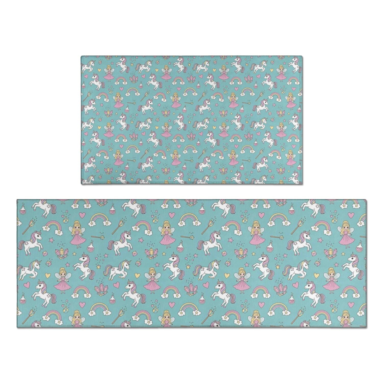 Blue Cartoon Unicorn and Fairy Rainbow Pattern Kitchen Rugs Sets Of 2 ...