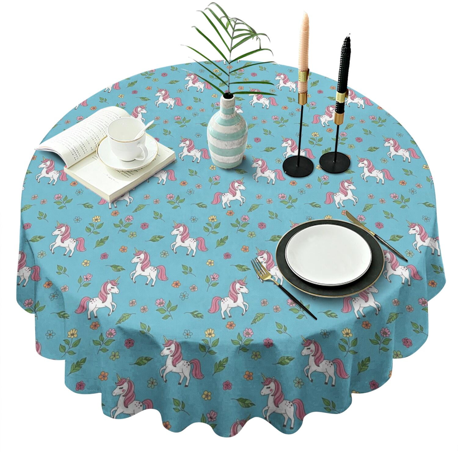 Blue Cartoon Unicorn Flower Leaf Pattern Round Tablecloth 60"x60 ...