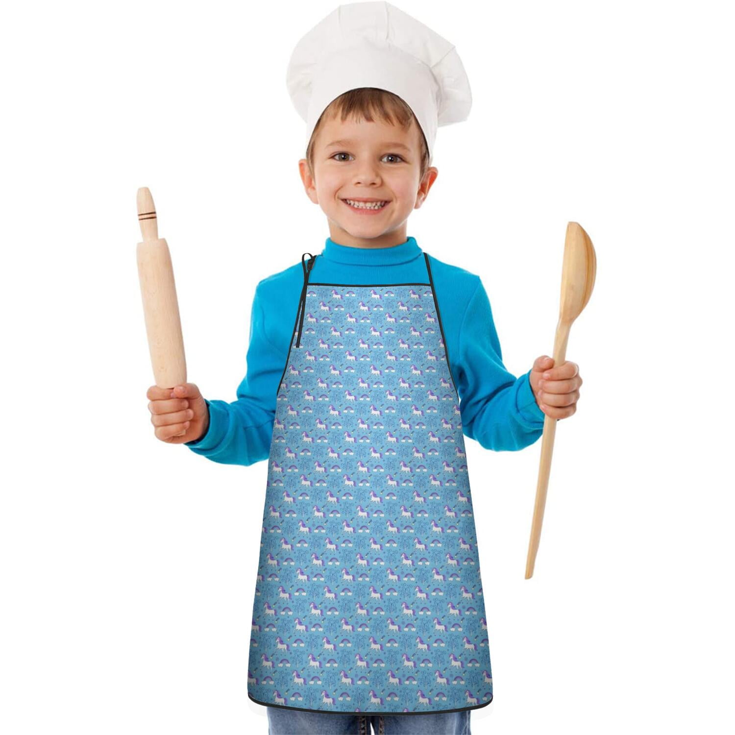 Blue Cartoon Unicorn Pattern Kids Aprons for Girls and Boys,Adjustable ...
