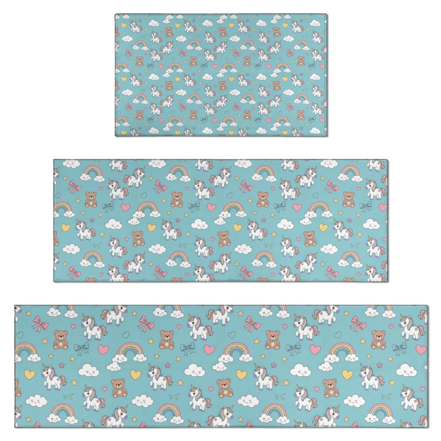 Blue Cartoon Unicorn Rainbow Cloud Bear Bow Pattern Kitchen Rugs Sets ...