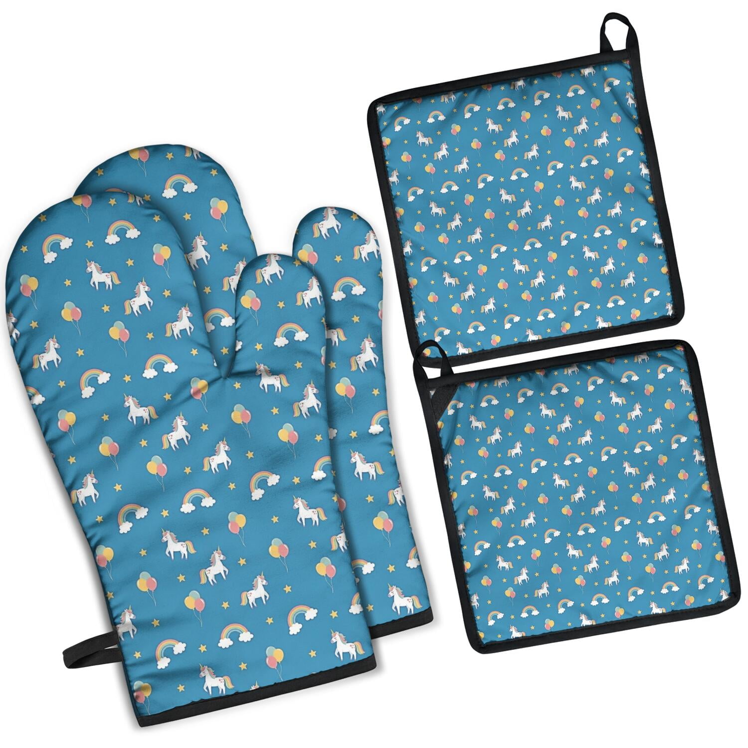 Blue Cartoon Unicorn Rainbow Cloud Star Balloon Kitchen Oven Mitt and ...
