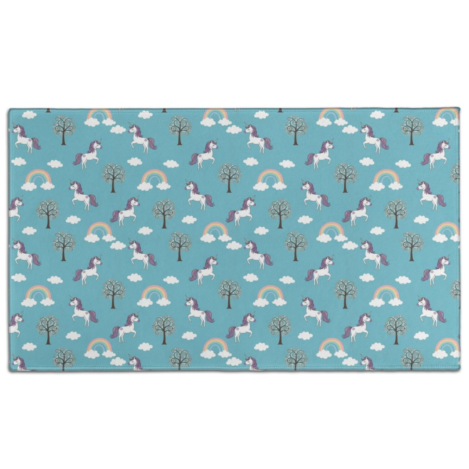 Blue Cartoon Unicorn Tree Rainbow Cloud Pattern Door Rugs,Washable Non ...