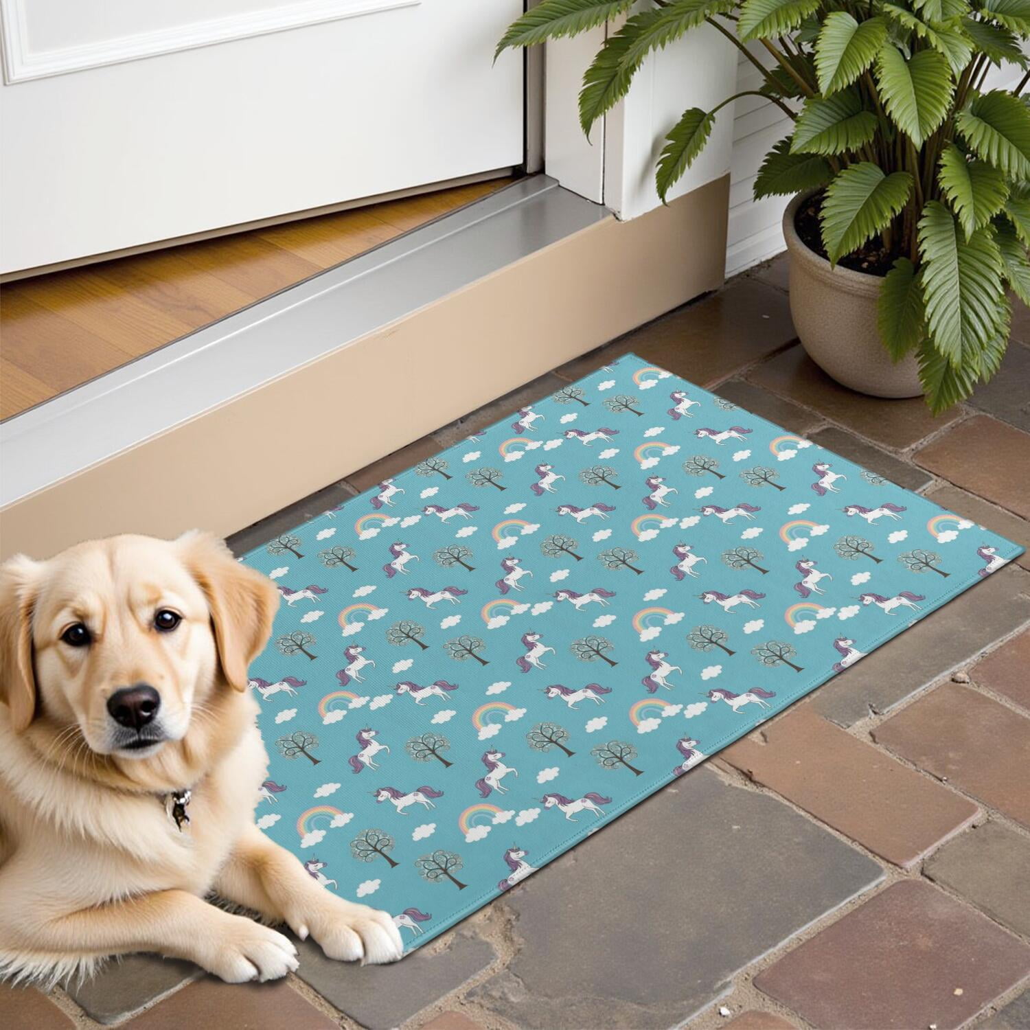 Blue Cartoon Unicorn Tree Rainbow Cloud Pattern Door Rugs,Washable Non ...