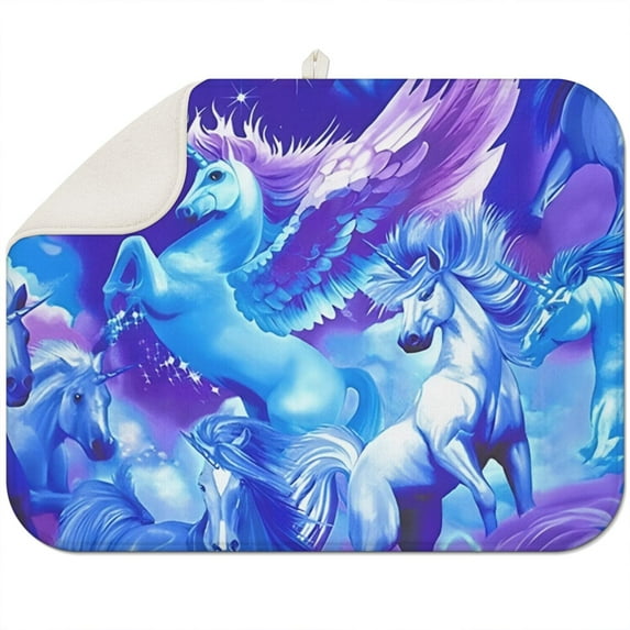 Blue Cartoon Winged Unicorn Moon Star Pattern Dish Drying Mat for ...