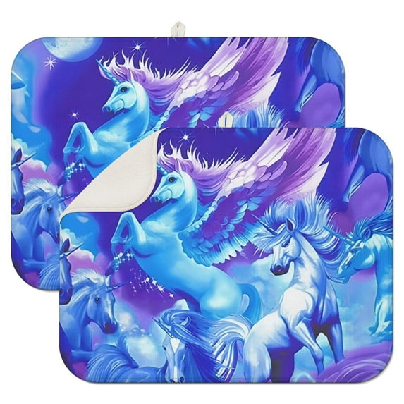 Blue Cartoon Winged Unicorn Moon Star Pattern Dish Drying Mat for ...