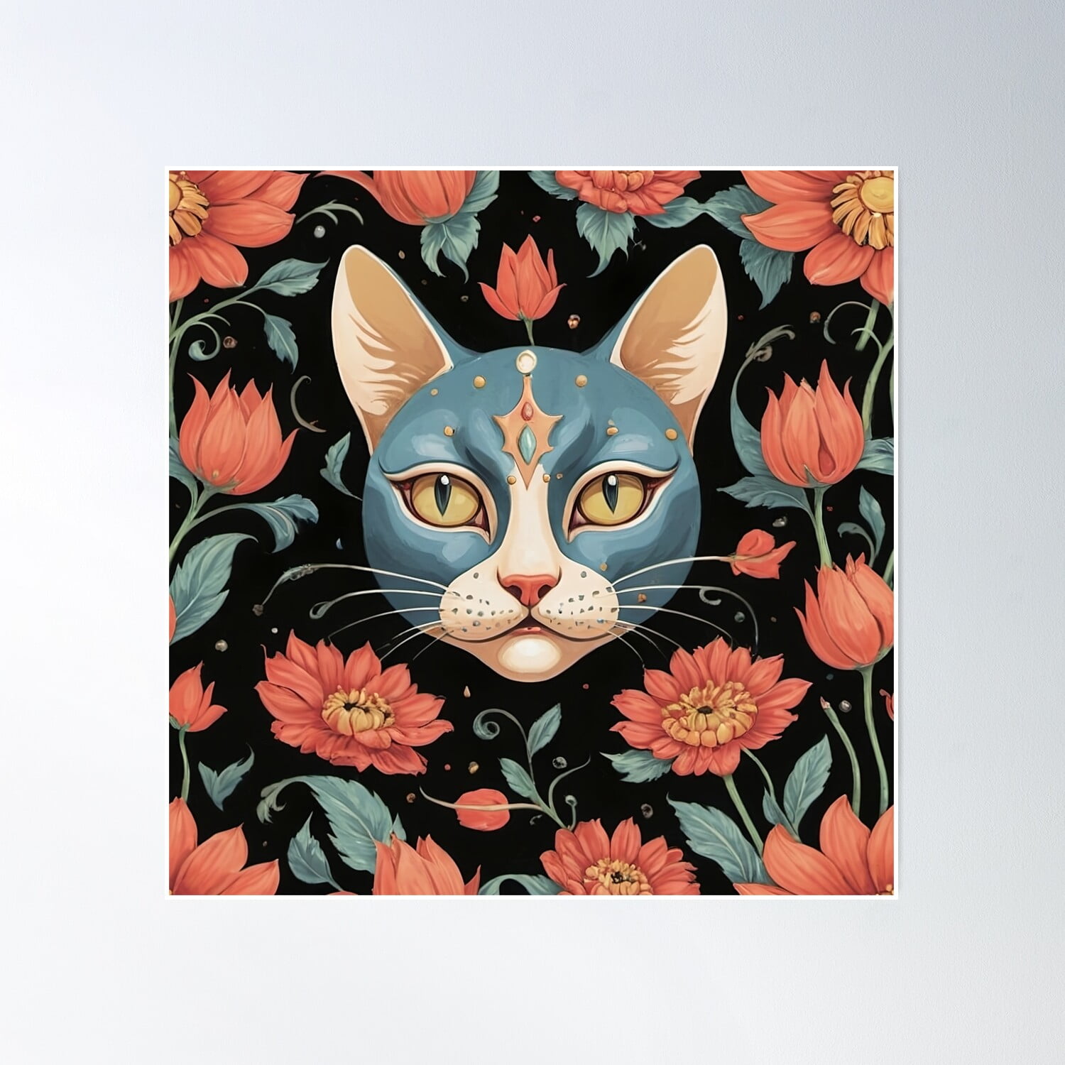 Blue Cat And Dahlias Poster Wall Art, Modern Wall Decor, 16x16 UNFRAMED ...