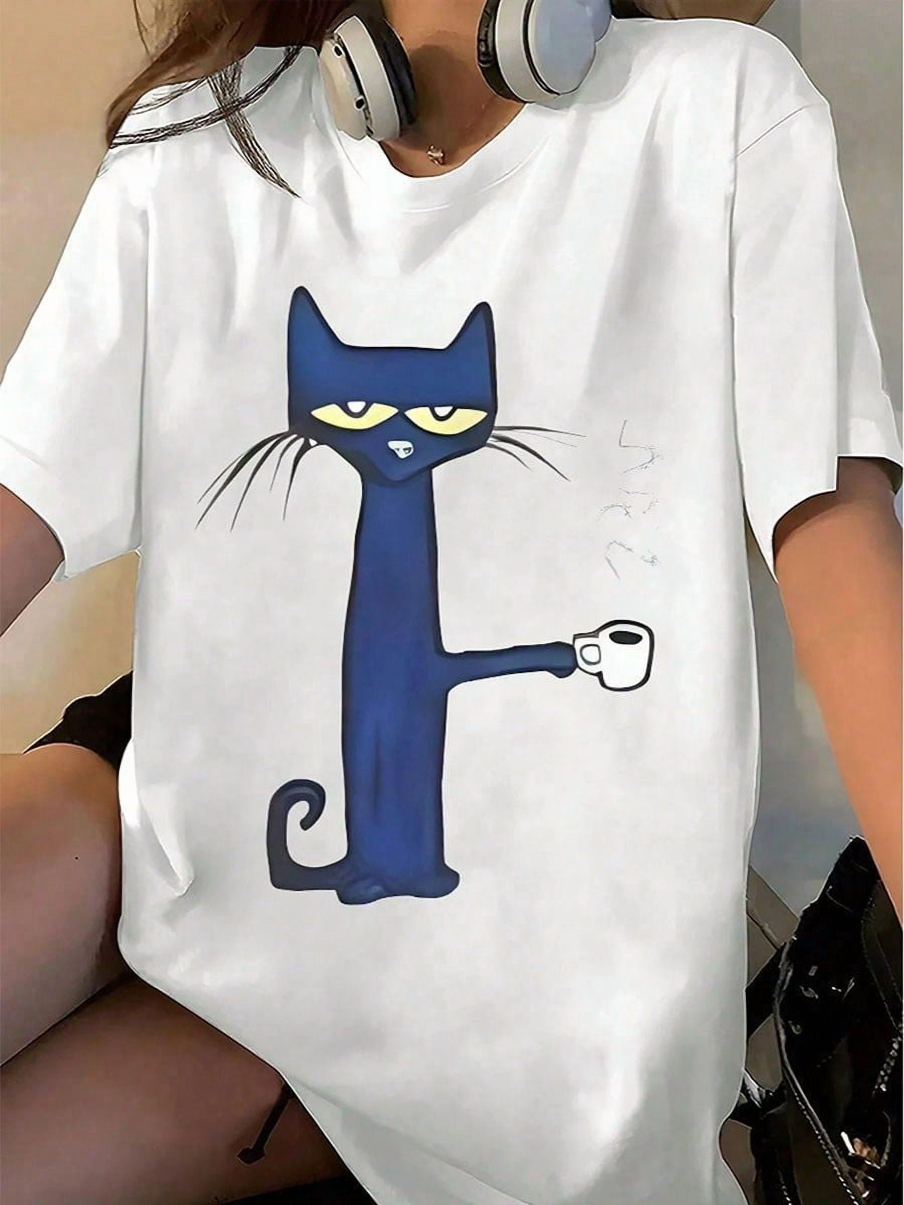 Blue Cat Coffee Cup Graphic Tee for Cat Lovers and Aesthetic Outfits ...