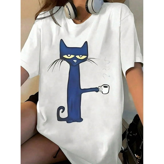 Blue Cat Coffee Cup Graphic Tee for Cat Lovers and Aesthetic Outfits ...