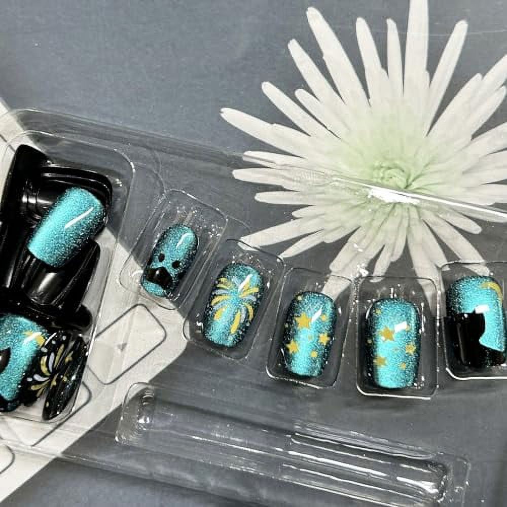 Blue Cat Eye Press on Nails Firework Design Fake Nails Winter Press on ...