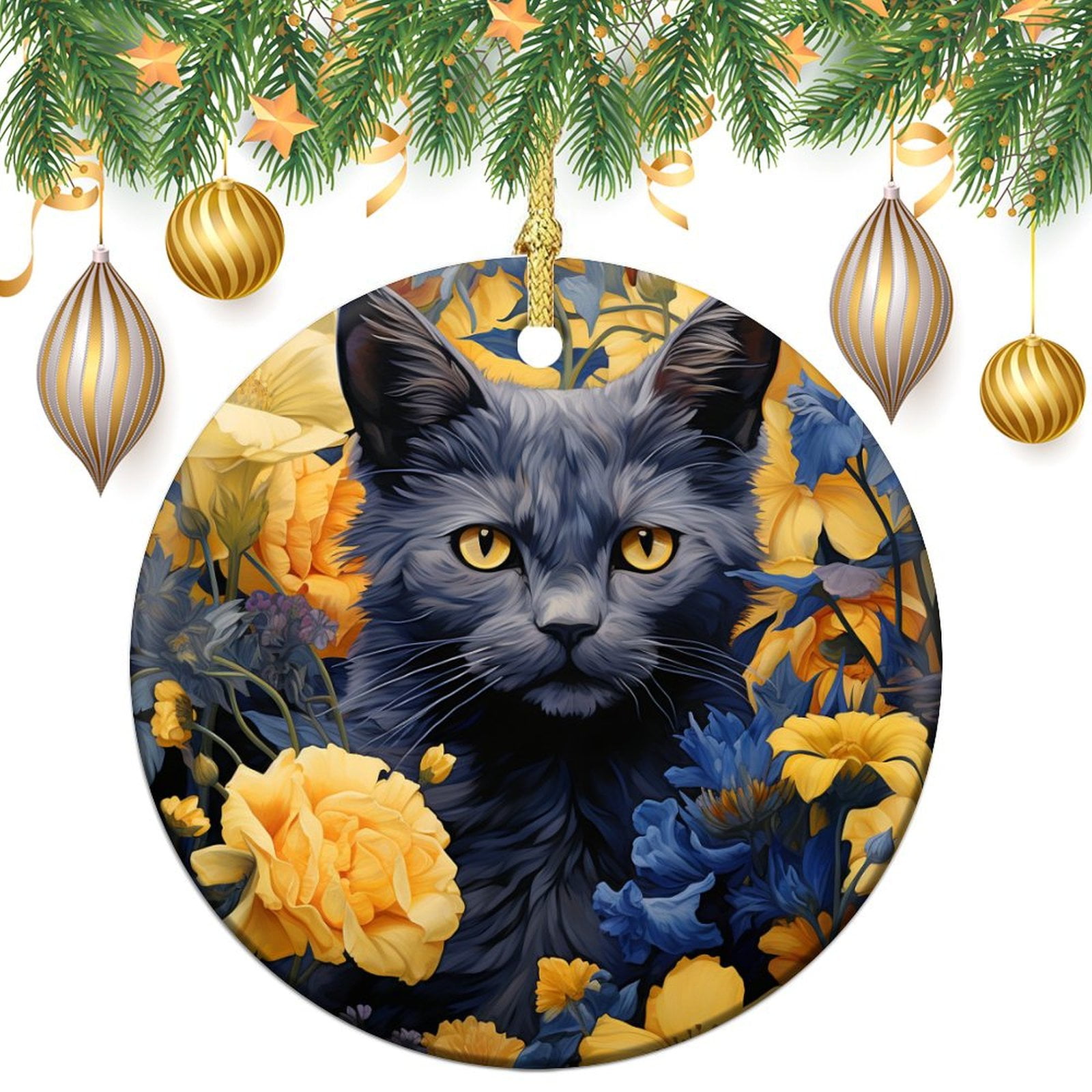 Blue Cat In Bloom Ceramics Ornaments Cat Lover Gifts Circle Ornament ...