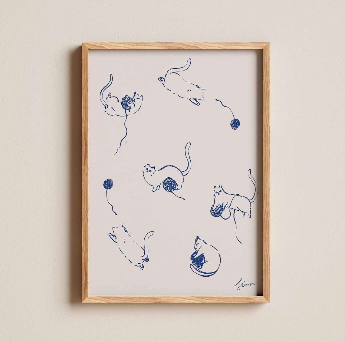 Blue Cat Line Art Wall Art Print, Unframed Paper Poster 11x14in ...