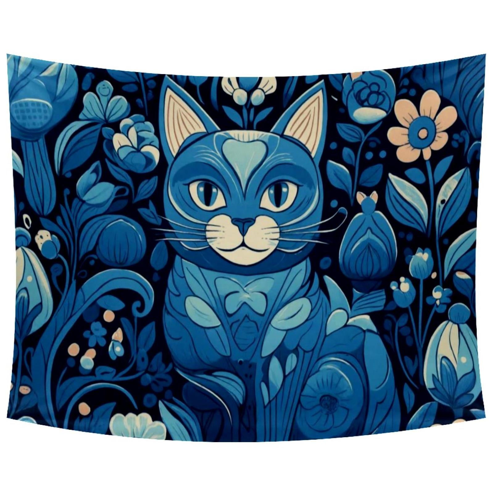 Blue Cat Pattern Tapestry Wall Hanging for Bedroom Home Decor Living ...
